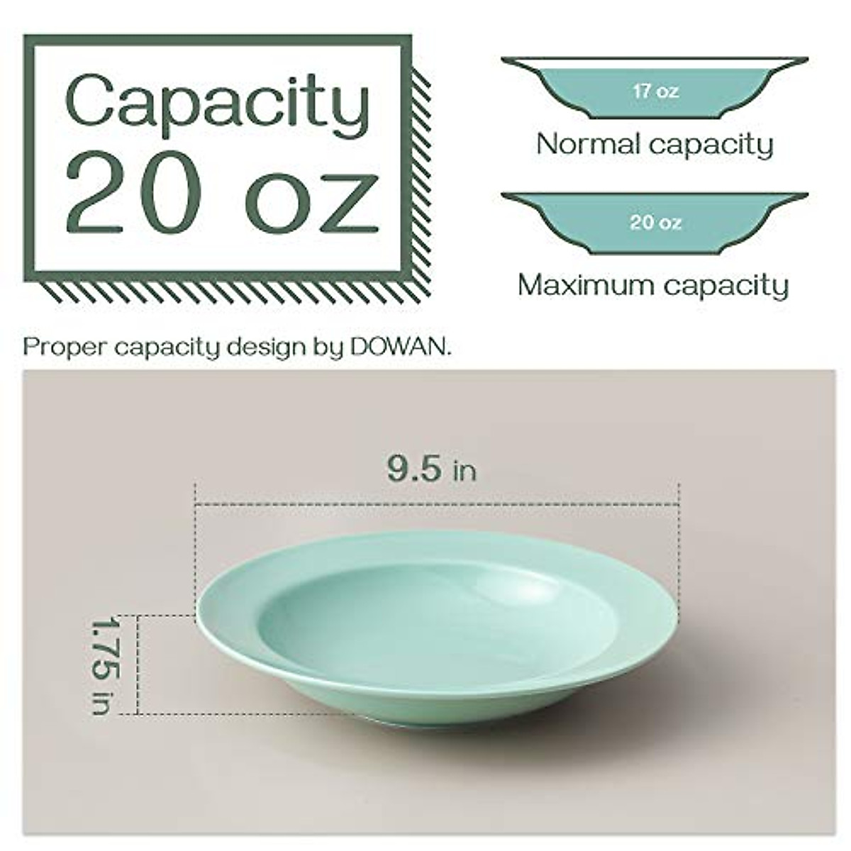 DOWAN Soup Bowls 20oz, Rim Pasta Bowls Plates, 9.5" Porcelain Salad Bowls Set of 4, Lake Blue, Microwave & Dishwasher Safe