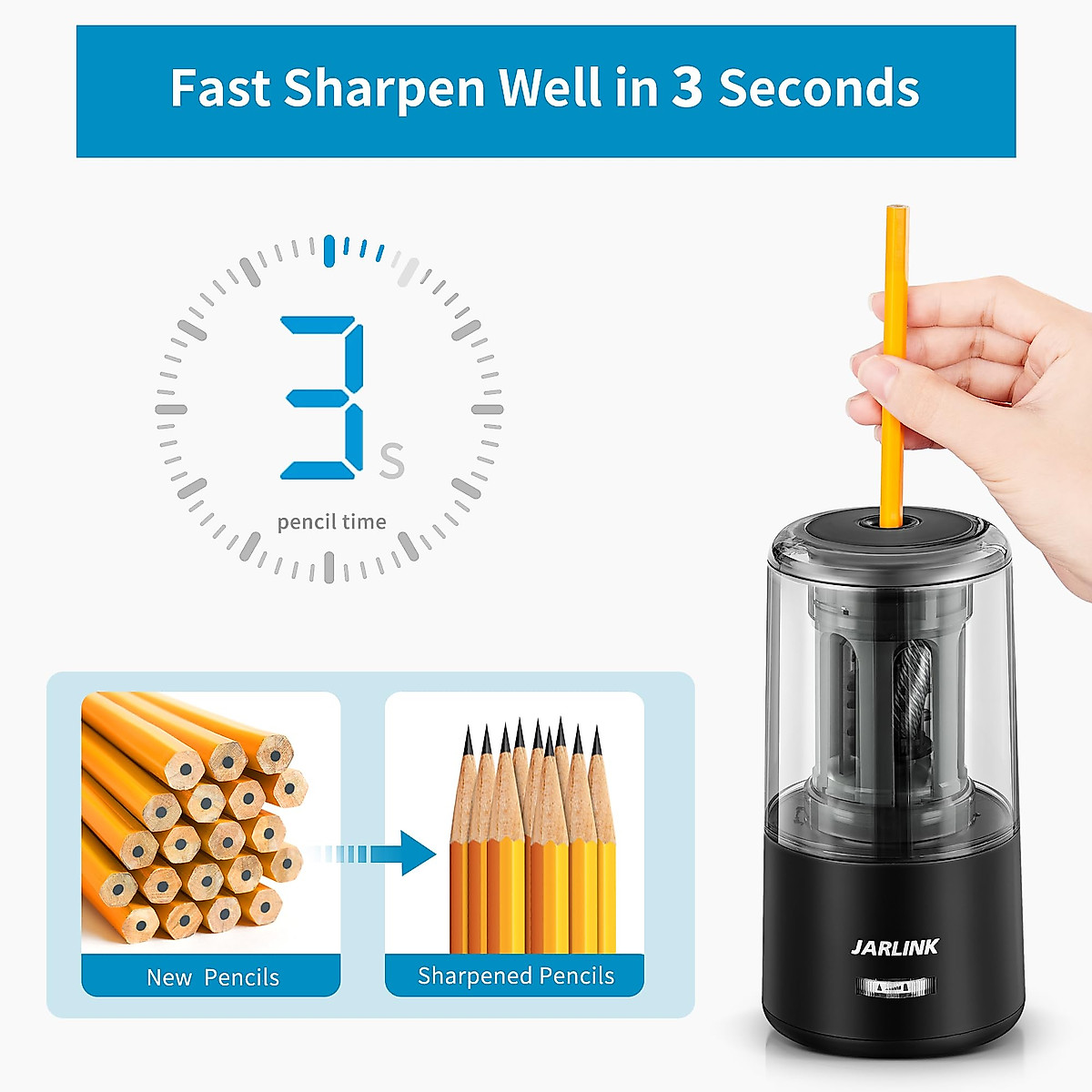 JARLINK Electric Pencil Sharpener, Heavy Duty Pencil Sharpener for 6-12mm Colored Pencils, Auto Stop, Fast Sharpen in 3s, 8000 Sharpening Times, Ideal for School, Classroom, Teacher Supplies, Black