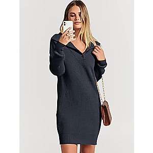 ANRABESS 2023 Fall Long Sleeve Womens Sweater Dress Oversized Lapel Collar Button V Neck Ribbed Loose Fit Casual Trendy Pullover Short Mini Fashion Dresses B782zanglan-L Navy Blue