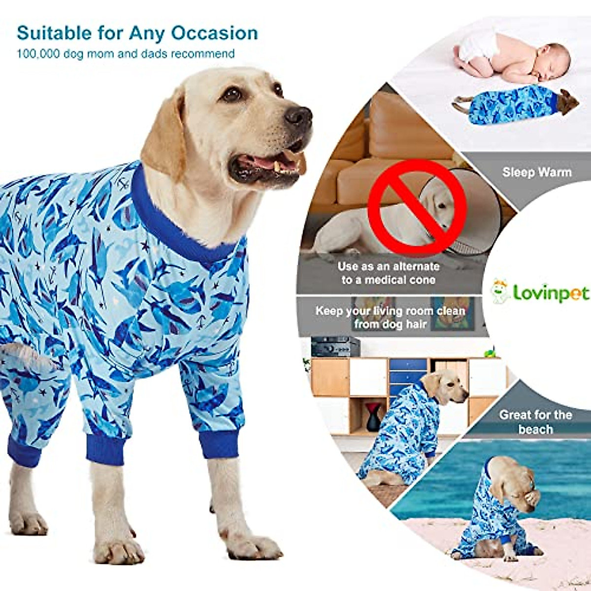 LovinPet Clothes for Great Dane Dogs: Pjs for Large Dogs, Lightweight Onesie, Sea Shark Action Print, Dog Clothing, UV Protection, Easy Wearing Adorable Dog Jumpsuit/Large