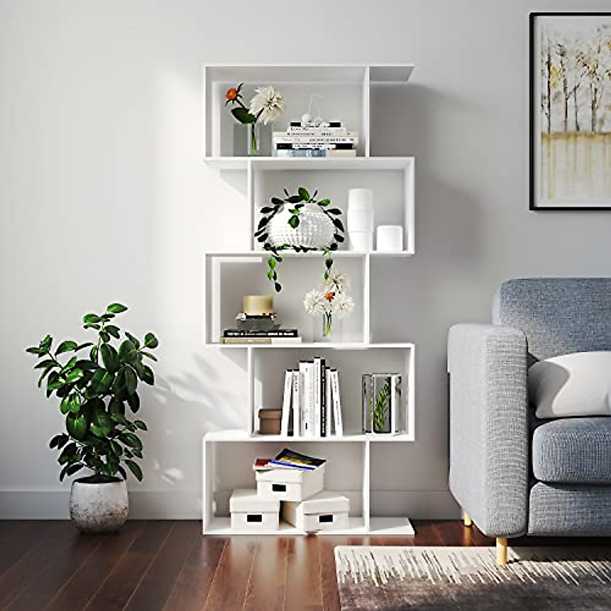 Yusong Bookshelf 5-Tier, Geometric Bookcase S Shaped Book Shelves for Bedroom, Modern Wood Decorative Display Shelf Book Case for Home Office, White
