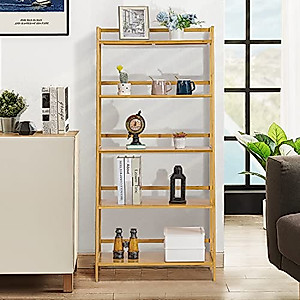 MoNiBloom Ladder Shelf for Plant Flower Book, Bamboo 5-Tier Trapezoid Storage Shelf Organizer for Living Room Patio Kitchen Bathroom Home Office, Natural