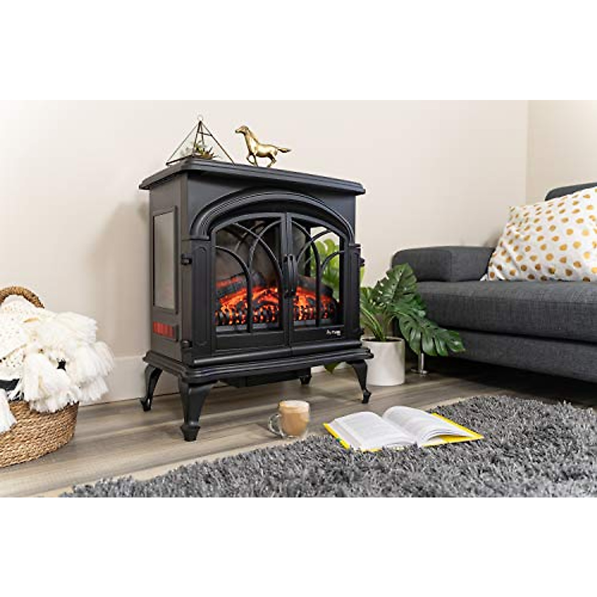 e-Flame USA 28" XL Denali Portable Freestanding Electric Fireplace Stove - 3-D Log and Fire Effect (Black)