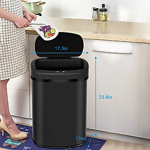 HGS 13 Gallons Trash Can Garbage Bin Stainless Steel Garbage Can Automatic Sensor Touch Free Waste Bins 50 L High-Capacity for Bathroom Bedroom Home Office, Black