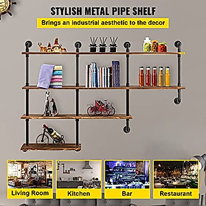 VEVOR Industrial Pipe Shelving, Pipe Shelves with 4-Tier Wood Planks, Rustic Floating Shelves Wall Mounted, Wall Shelf DIY Bookshelf for Bar Kitchen Bathroom Farmhouse Living Room, 63x50x11 inch