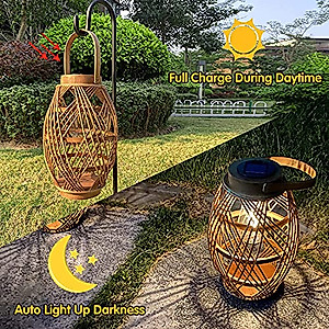 pearlstar Outdoor Solar Lanterns Light Rattan Bamboo Lamp with Handle for Hanging or Table Lamp for Patio Yard Garden Wedding Home Decoration, Edison Bulb, Auto on/Off(Style2)