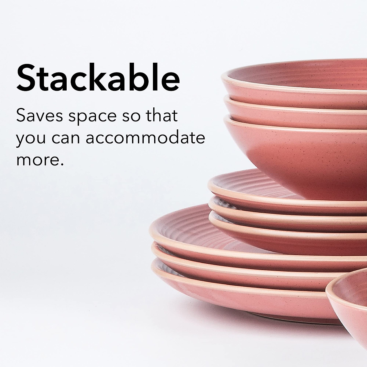 Arora RINGAR Round Stoneware 16pc Double Bowl Dinnerware Set for 4, Dinner Plates, Side Plates, Cereal Bowls, Pasta Bowls - Speckle Matte Red (395438)