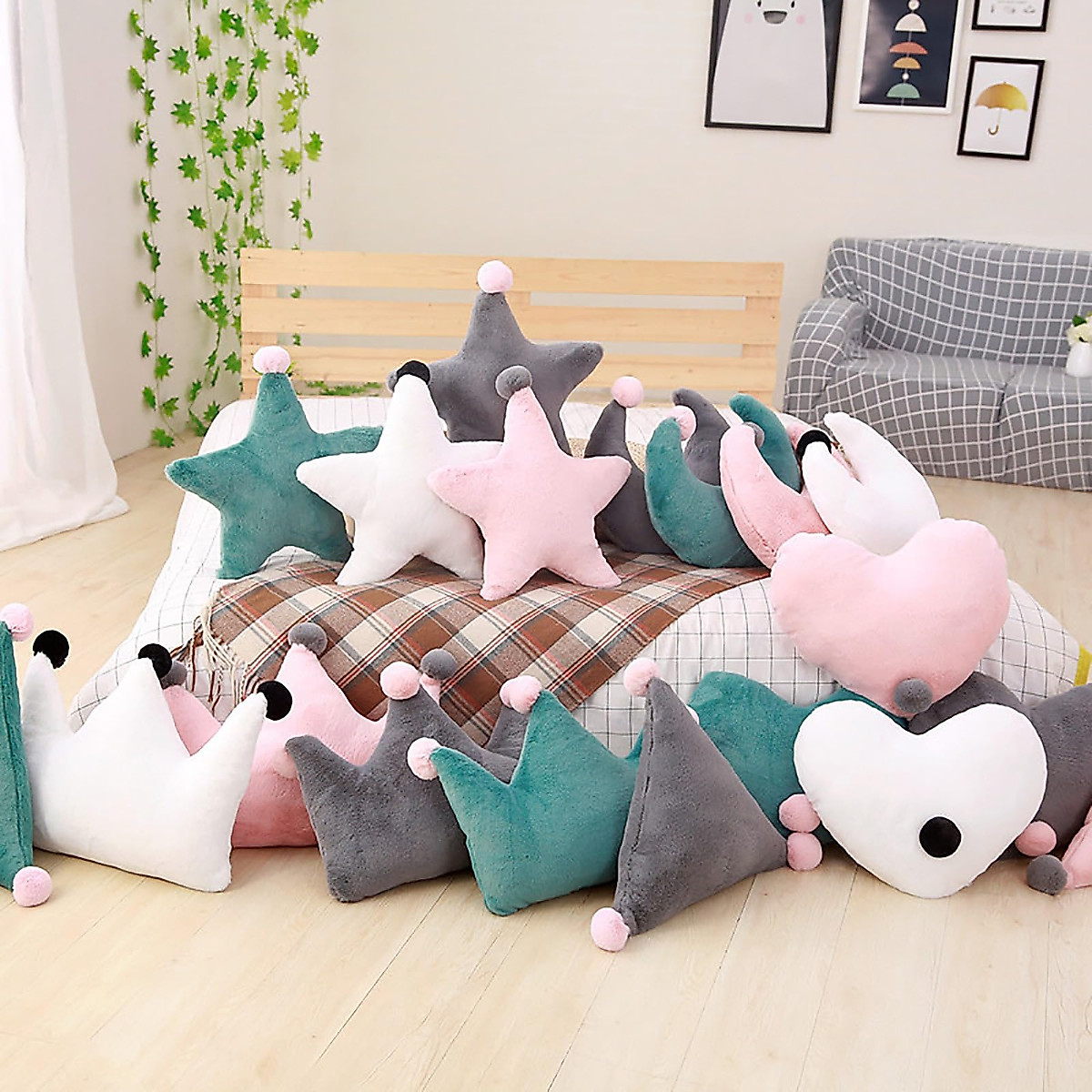 Golden ear of Wheat Cozy Plush Pillow - Star, Moon, Crown, Heart and Triangle Shapes Available in Multiple Shapes. (Crown, Pink)