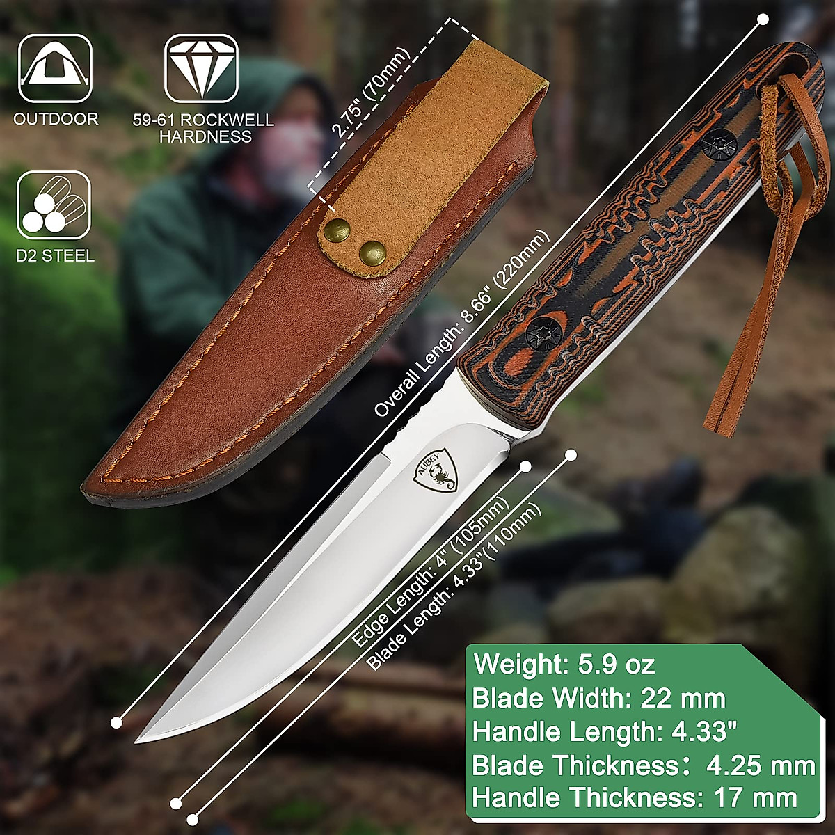 AUBEY Fixed Blade Hunting Knife, 4.52 inch D2 Steel Blade Survival Knife with Leather Sheath Wood Handle, Full Tang Camping Knife for Men Women