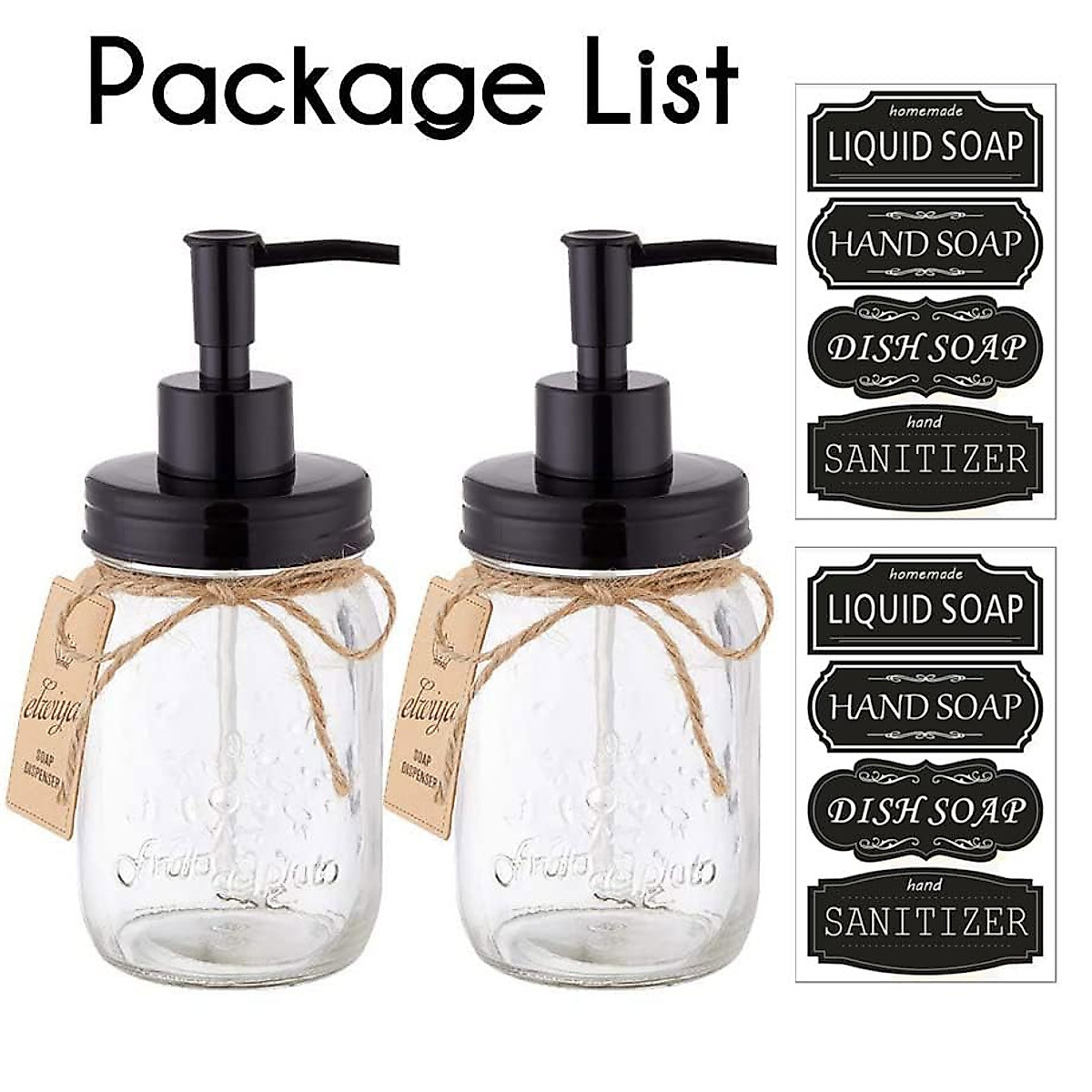 Elwiya Mason Jar Soap Dispenser - 16 Ounce Glass Mason Jar with Plastic Pump and Lid - Rust Proof - Rustic Bathroom Accessories &Kitchen Home Decor - 2 Pack