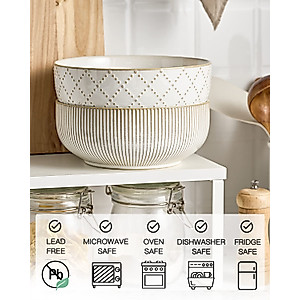 getstar Large Serving Bowls (8 inch & 60 fl oz), Ceramic Salad Bowl Set of 2, Microwave and Dishwasher Safe, Farmhouse Kitchen Decorative Bowls Set (Embossed Checks & Stripes)