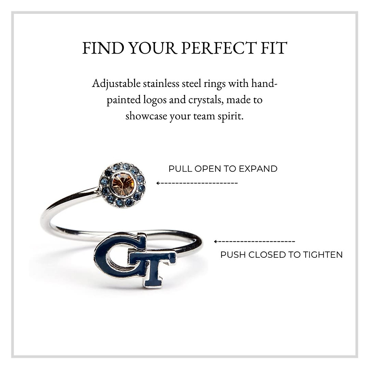 Stone Armory Georgia Tech Football Accessories for Women - Navy GT Ring with Crystals - Hypoallergenic and Adjustable Sizes 5-12 - Georgia Tech Gifts for Women