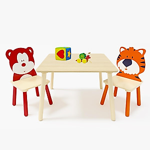 Zacis Kids Table and Chair Set, Wooden Toddler Table Set with 2 Chairs, Children Adorably Animal Activity Table for Reading, Drawing, Eating, Studying, Parent-Child Interaction Activity Play
