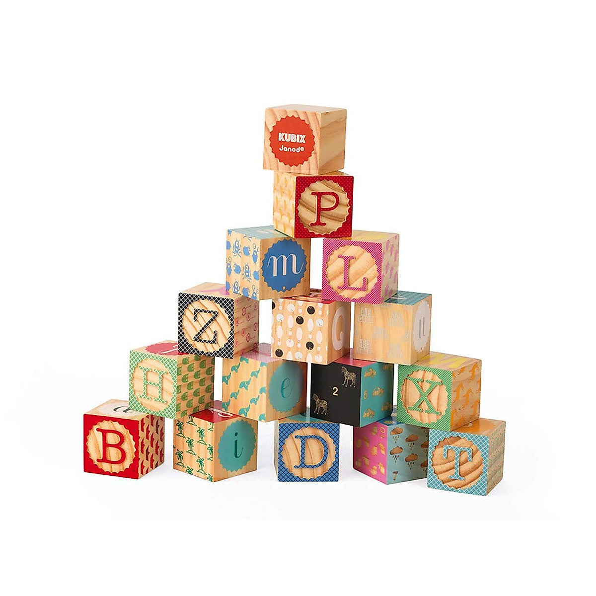 Janod Kubix 16 Wooden Alphabet and Numbers Blocks - Ages 2+ - J08078