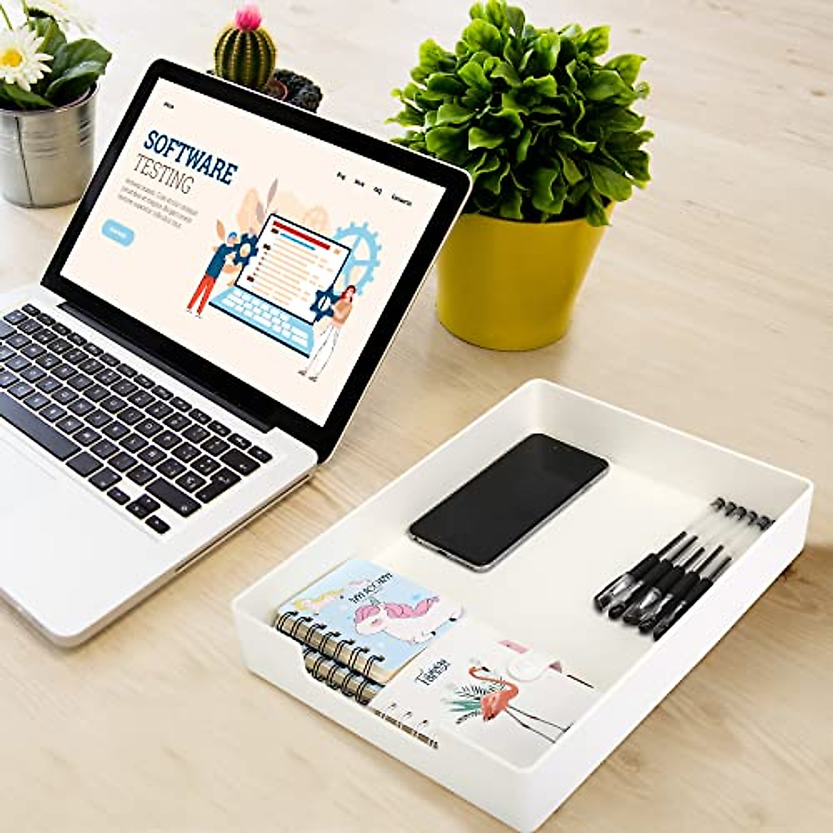 izBuy Letter-Size Tray Desk Letter Tray Paper Tray - Single-Tier (2-Pcs) Stackable Desktop Organizer Front-Load Documents Tray for Office Supplies File, Plastic Letter Tray (White & Blue)