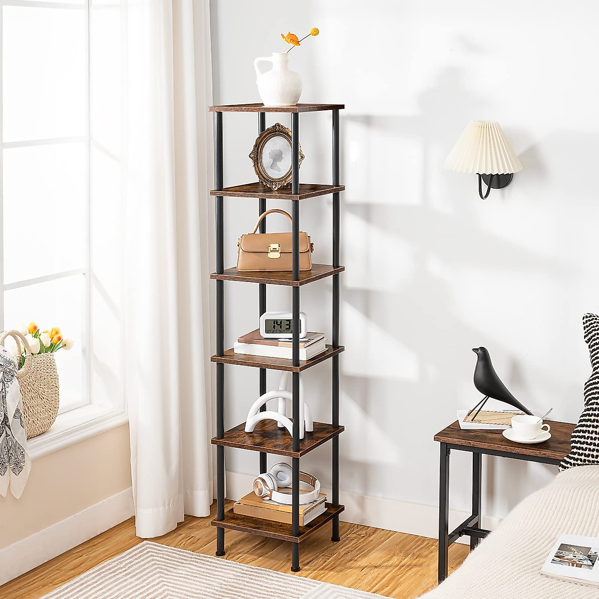 HOOBRO 6-Tier Corner Shelf, Corner Square Rack Display Shelf, Tall Storage Rack Plant Stand, Corner Bookcase for Small Spaces, Living Room, Home Office, Kitchen, Rustic Brown and Black BF55CJ01