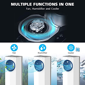 3 In 1 Evaporative Air Cooler, LifePlus Portable Bladeless Cooling Fan w/Cooling & Humidification Function, Swamp Cooler with 2 Ways Water Filling, Remote Control, 3 Wind Speed and 4 Modes, 1 Gallon Water Tank for Living Room Office