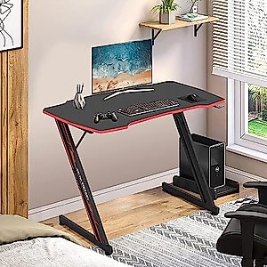 BLKMTY 47" Gaming Desk Z Shaped Gaming Desk Large Home Office Desks PC Computer Desk Workstation Study Desk Table Ergonomic Gamer Desk Wood Writing Desk with Headphone Hook for Game Player, Red