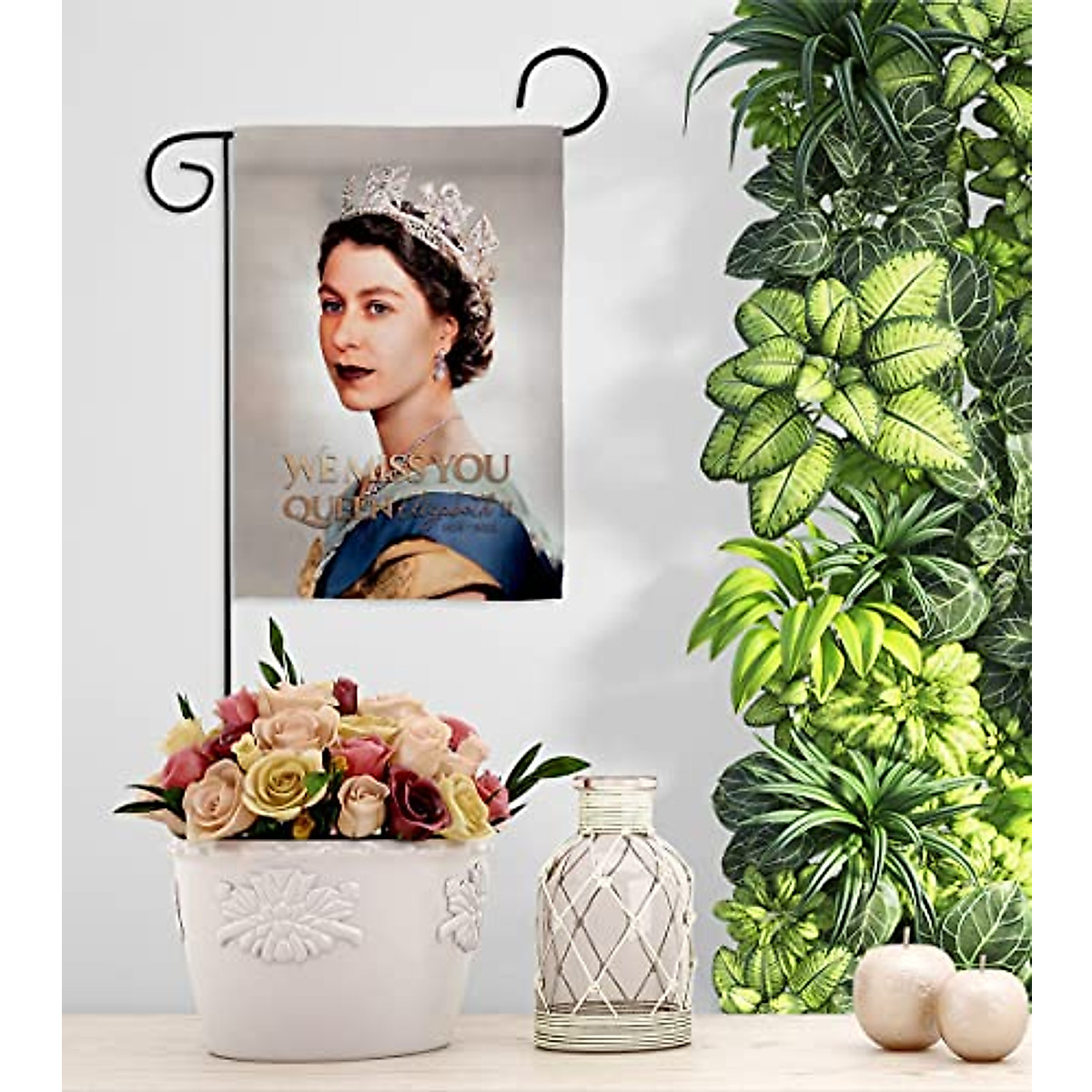 Queen Elizabeth II Flag We Miss You Garden Flag Set Wood Dowel Sweet Life Sympathy Remembrance Memorial Bereavement Love Support Emotion Postive House Banner Small Yard Gift Double-Sided, Made in USA