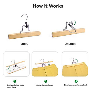 Nature Smile Wooden Pants Hangers 10 Pack Non Slip Skirt Hangers, Smooth Finish Solid Wood Clamp Hangers Hair Extension Hangers Jeans/Slack Hangers with 360° Swivel Hook - Pants Clip Hangers (Natural)