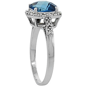 10K White Gold Natural London Blue Topaz Ring Cushion-cut 8x8mm Diamond Accent, size 10