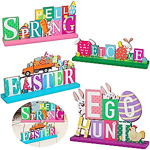 Fovths 4 Pack Easter Wooden Centerpiece Table Decorations Spring Table Decor Signs Tabletopper Centerpiece Signs for Easter Home Office Holiday Party Decorations