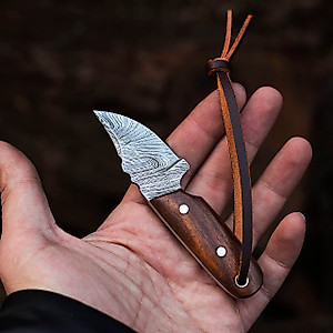 MEDIEVAL SUPPLIES Damascus Steel EDC Knife 4.5inch Fixed Blade Mini for Skinning,Survival,Camping and Outdoor Enthusiasts with Natural Handle Leather Sheath Brand By (WOOD)