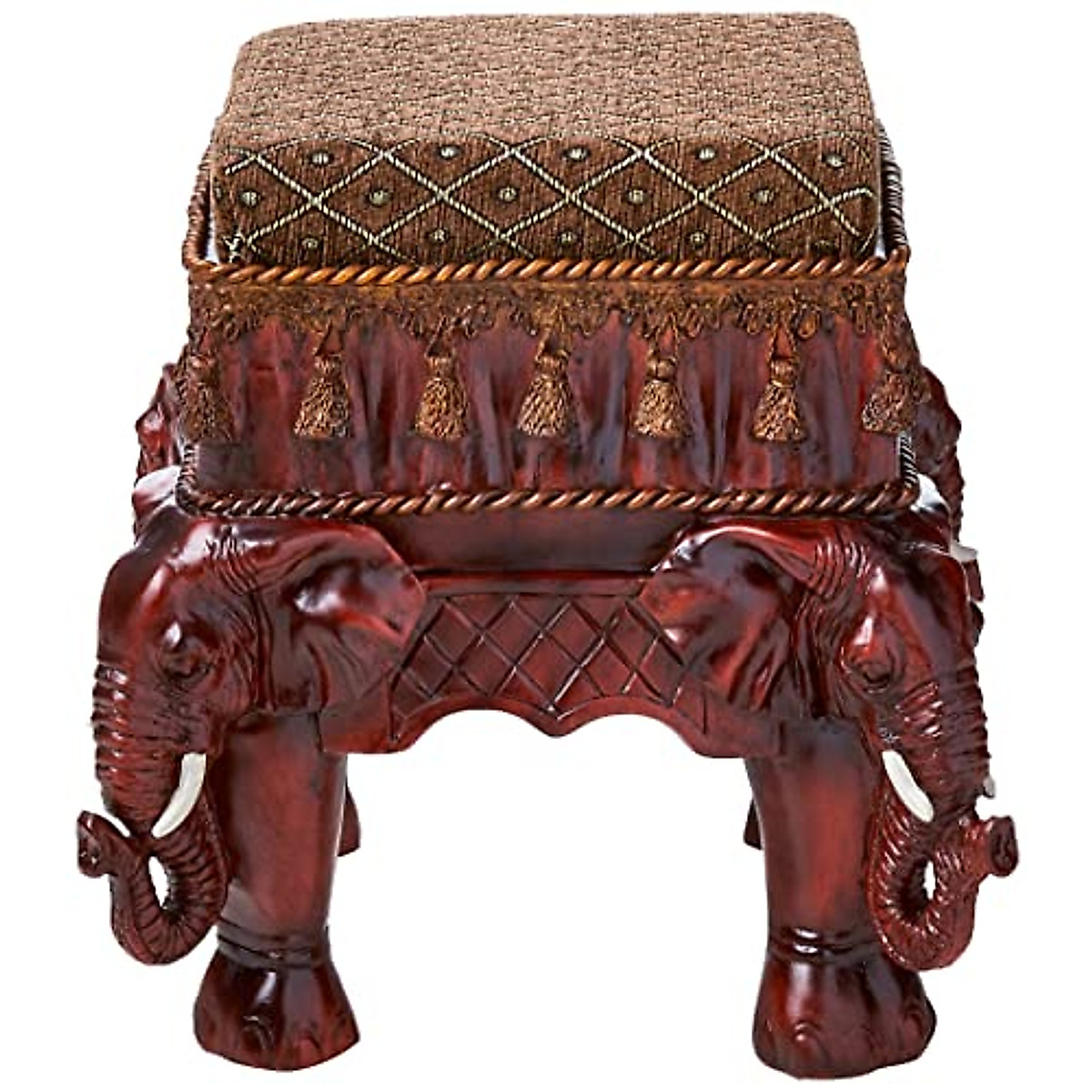 Design Toscano Maharajah Elephants Indian Decor Upholstered Footstool, 13 Inches Wide, 13 Inches Deep, 13 Inches High, Handcast Polyresin, Wood Tone Finish