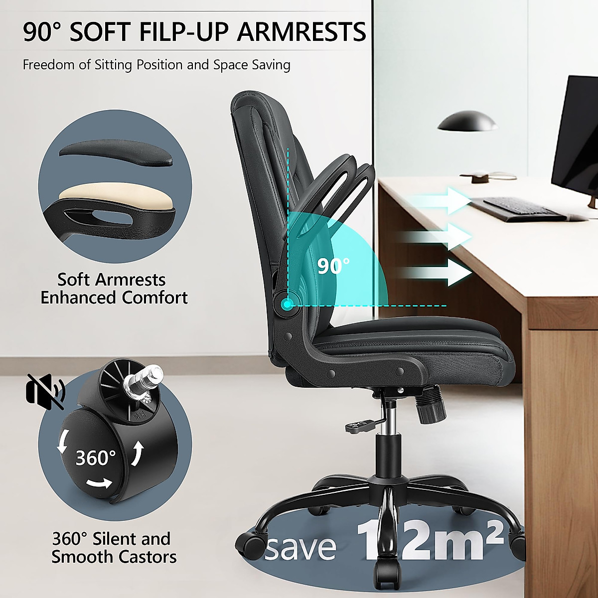 AtHope Office Chair Ergonomic Computer Desk Chair, Executive Leather Office Chair with Adjustable Flip-up Armrests Height, Swivel Task Chair with Lumbar Support Rocking Function for Home Office(Black)