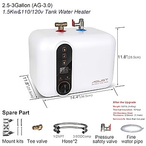 110V-120V 1.5Kw Instant Electric Hot Water Heater Under Kitchen Small Tank 2.5-3.0 Gallon Storage,Rv Trailer Instant Counter Compact Point-of-Use,2 PCs 16” Long 1/2”FIP Stainless Steel Water Hose 11L