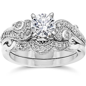 Emery 3/4Ct Vintage Diamond Engagement Wedding Ring Set 14K White Gold - Size 8.5