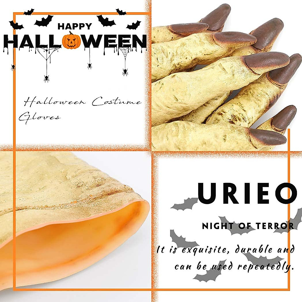 Urieo Halloween Costume Gloves Nude Horror Zombie Hands Tricks Cosplay Party Props Monster Glove for Adults