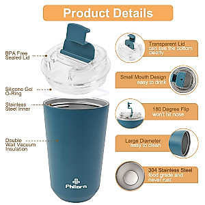 PHILORN Coffee Mug with Lid, 12 OZ Travel Mug, Leak-proof to go Coffee Mug, Stainless Steel Thermal Coffee Mug with Double Wall, Insulated Coffee Tumbler for Men and Women for Hot & Cold Drinks…