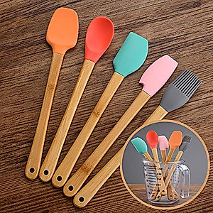 5 Piece Silicone Spatula,Mini Rubber Spatula Wooden Handle,Heat Resistant Silicone Spatula Set,Kitchen Utensils Non-Stick For Baking,Cooking And Mixing