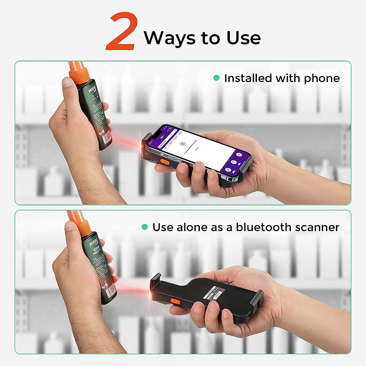 MUNBYN Bluetooth Barcode Scanner-QR 1D/2D Back Clip Phone Barcode Reader Scanner with 3000mAh Rechargeable Battery-1Pcs Wireless Pocket POS Scanner for Smartphone iOS Android