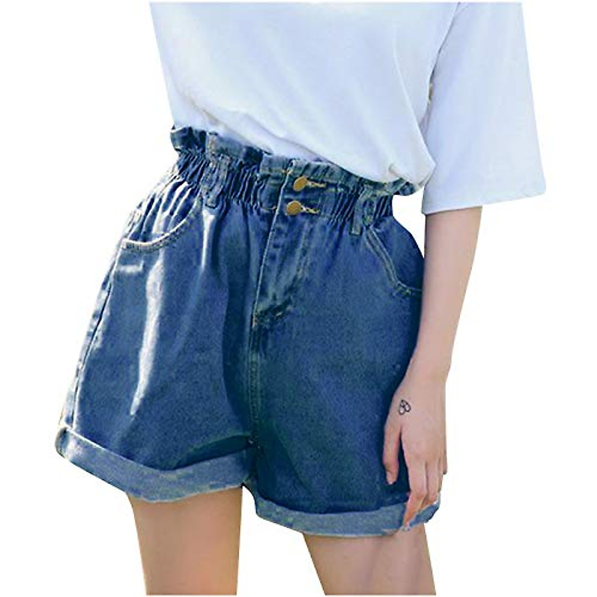 Sdeycui Women High Waist Bud Elastic Waist Wide Legging Solid Jeans Shorts(Dark Blue, XXL)