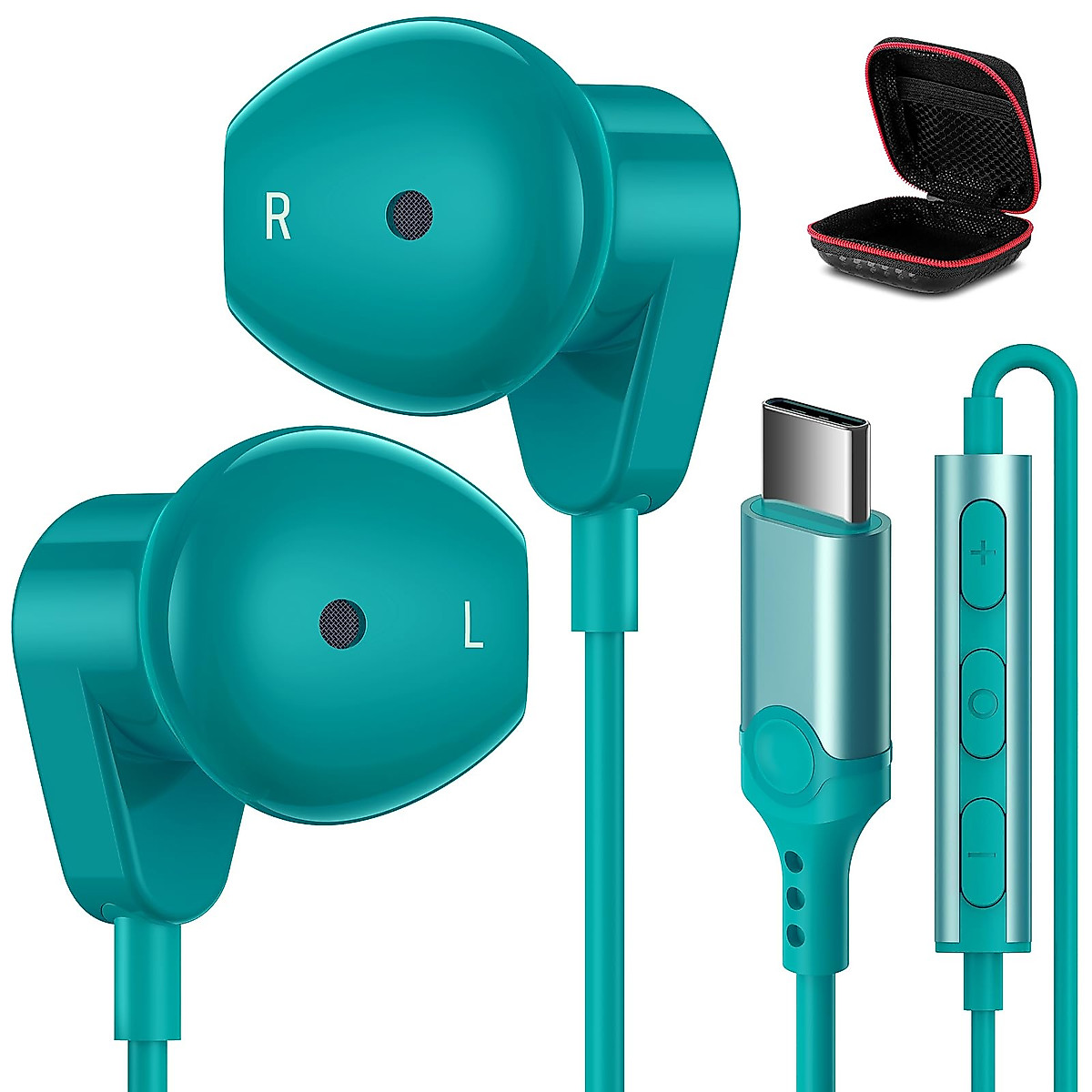 APETOO USB C Headphones for iPhone 16 15 Pro Plus iPad Pro,USB Type C Earphones HiFi Stereo USB C Wired Earbuds Microphone Volume Control for Galaxy S24 S23 S22 S21Pixel 9 8 7 7a 6 Pro 6a Turquoise