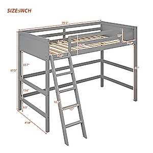ODC Twin Loft Bed with Angle Ladder, Solid Wood Loft Bed with Safety Guardrail for Teenagers and Adults, High Loft Bed with Wooden Slats Support, No Box Spring Needed