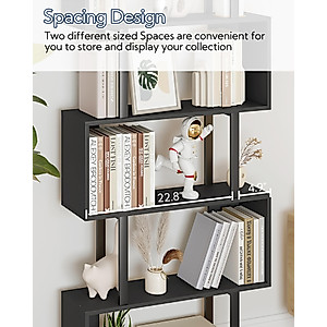 Yusong S Shaped Bookshelf, Modern Geometric Bookcase, 6-Tier Black Display Case Book Shelf