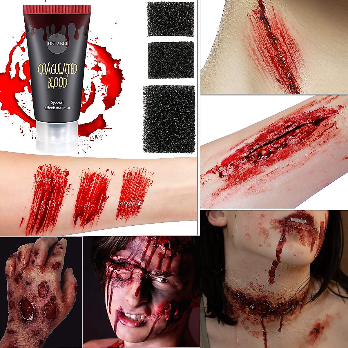 DE'LANCI SFX Makeup Kit,All-In-1 Professional Special Effects Halloween Makeup Set,Face Body Paint,Brush,Fake Scar Wax,Fake Blood,Sponge,Spatula,Cosplay Wound Molding Stage Zombie Makeup for Kid Adult