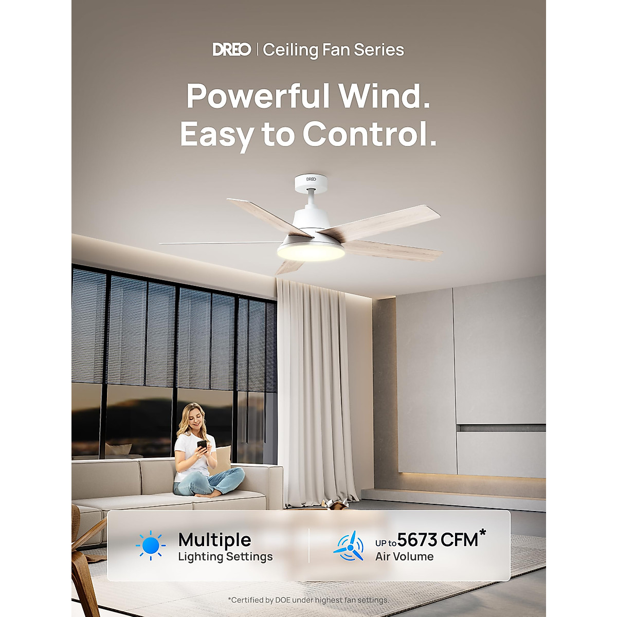 Dreo Smart Ceiling Fan with Lights, 52 Inch, 12 Speeds & 3 Fan Modes, Stepless Color Tones, Dimmable LED Light, 12H Timer, Quiet DC Motor, Remote/APP/Alexa Control, White Ceiling Fans Indoor