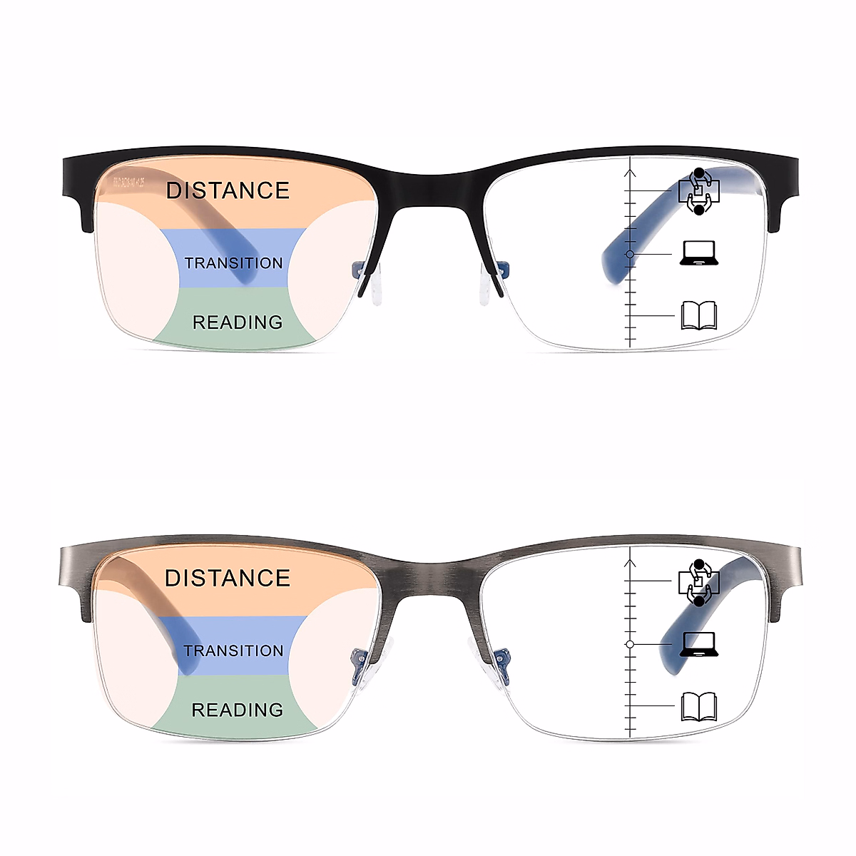 Multifocus Reading Glasses Men Progressive Multifocal Blue Light Computer Reader Half Frame Metal Extra Wide Eyeglasses No Line Bifocals Large Designer Cheaters Transition Square Eyewear 2packs 1.25
