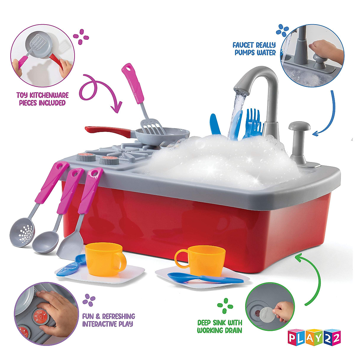 Play22 17 Pc Kids Play Sink with Running Water - Kitchen Sink Toy - Toddler Sink Toy with Real Faucet & Drain, Dishes, Utensils - Play Cooking Stove W/Pan - Kitchen Toys for Toddlers & Kids