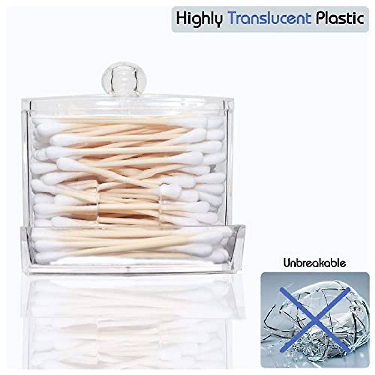 Qihomy Square Cotton Swab Storage Container - Transparent Apothecary Jars With Lids Unbreakable Cotton Ball Qtip Holder With 2 Types Take Out Ways Bathroom Canisters Jars