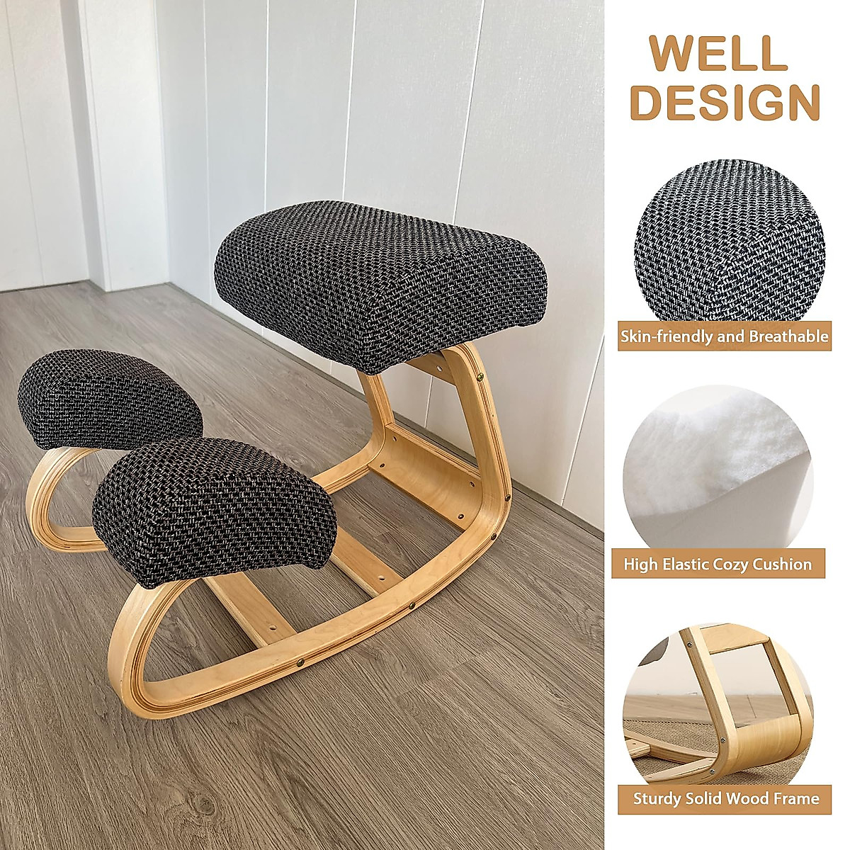 Kneeling Chair, Ergonomic Desk Chair for Office Home - Improve Your Posture with Angled Rocking Stool - Solid Wood Rocking Chair with High-Resilience Foam Seat Cushions