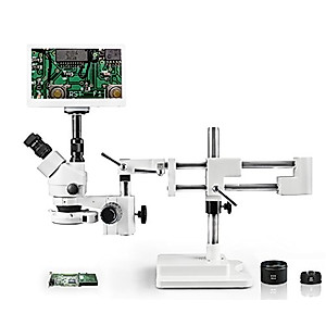 Vision VS-5FZ-IFR07-RET11.6 Simul-Focal Trinocular Zoom Stereo Microscope, 10x WF Eyepiece, 3.5X—90x Magnification, 0.5X & 2X Aux Lens, Double Arm Boom Stand,11.6” Retina HD Display with 5MP Camera
