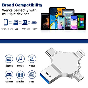 AOIRHLA 512GB USB 3.0 Flash Drive - 4 in 1 Memory Stick and Thumb Drive for Smartphones, Computers, Laptops, PCs, and Android - External Data Storage