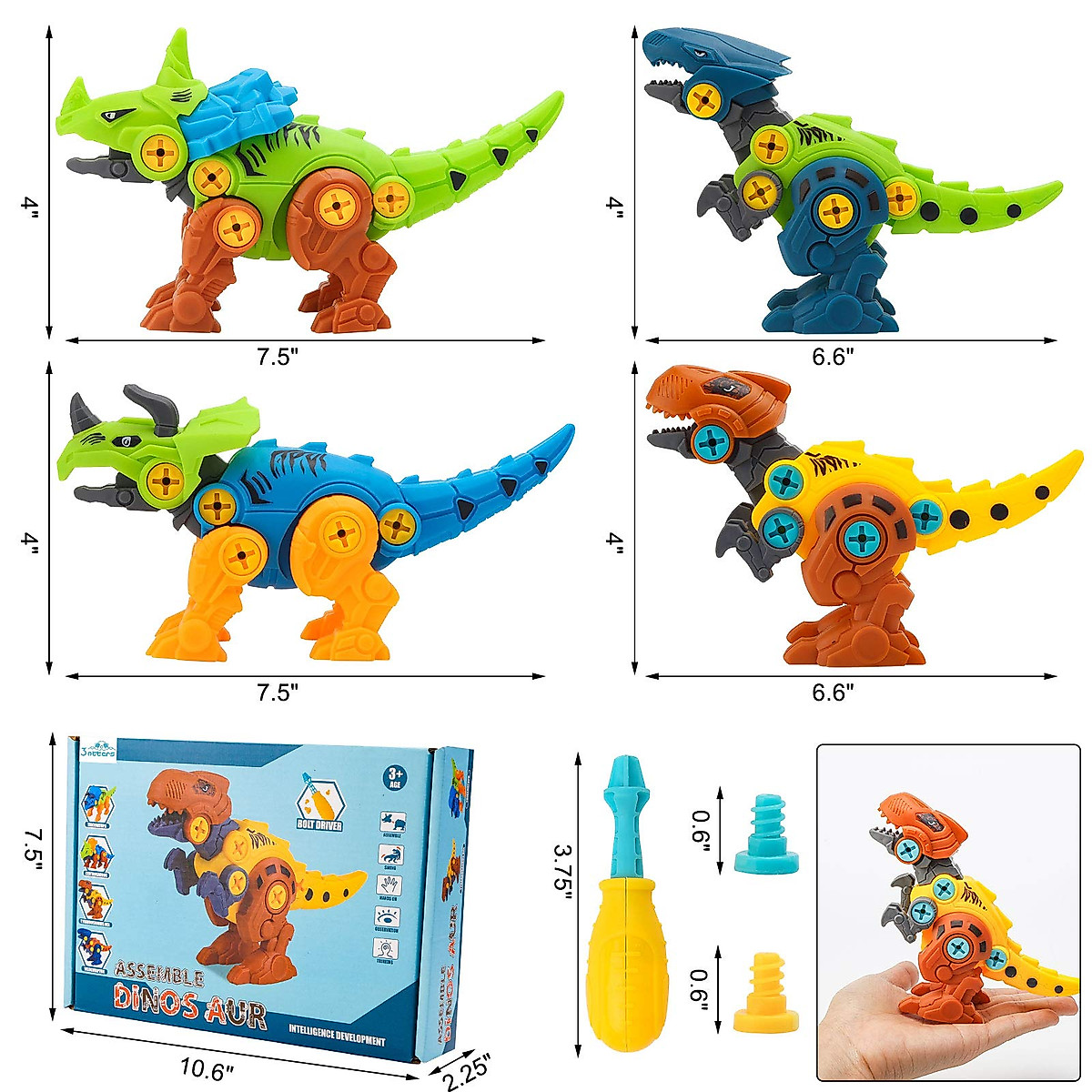 3 otters Take Apart Dinosaur Toy, STEM Toys for Kids 4PCS STEM Dinosaur Building Blocks Educational Gifts for 3 4 5 6 7 8 Year Old Boys Girls