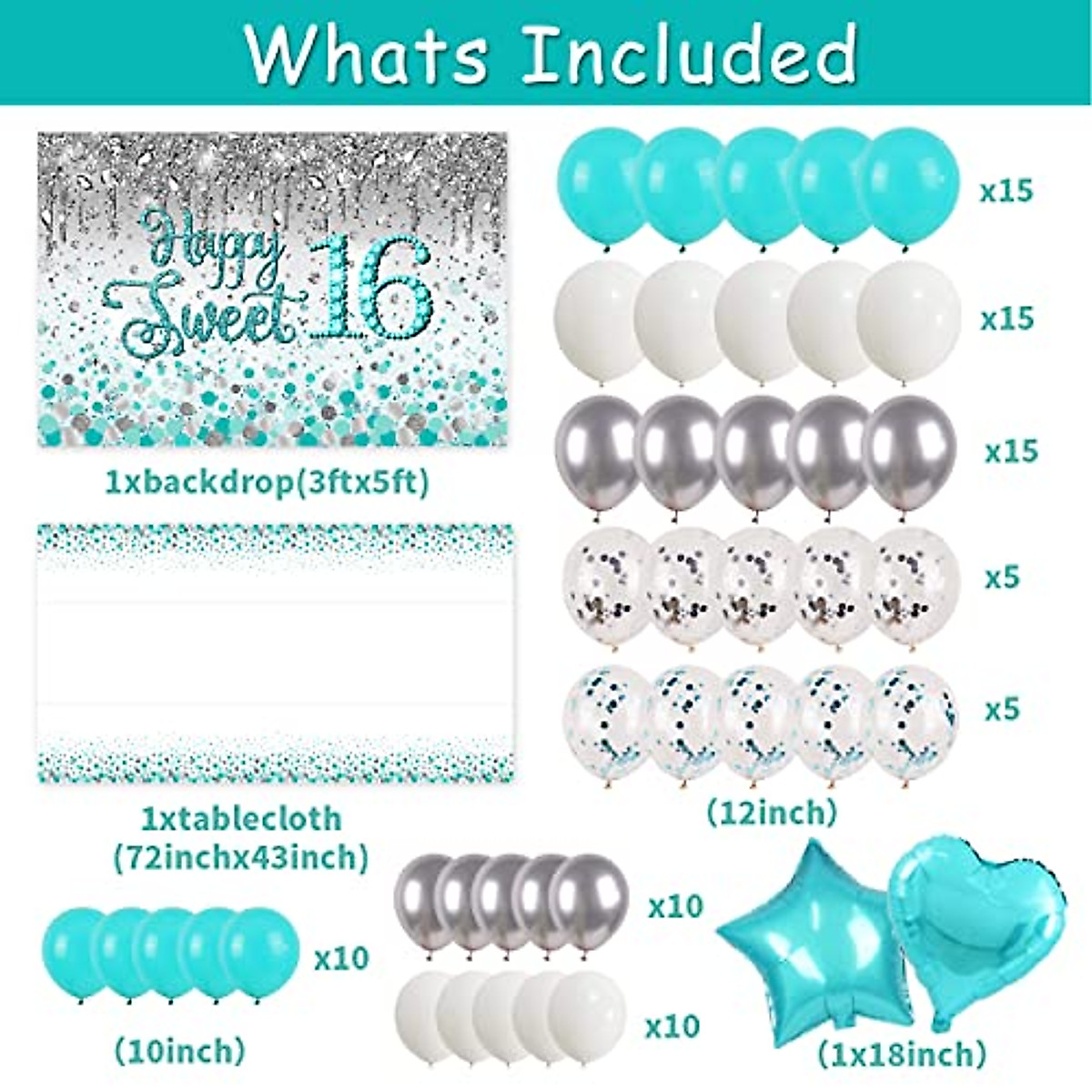 Sweet 16 Birthday Decorations--Teal 16th Birthday Decorations for Girls,Sweet 16 Backdrop ,Sweet 16 Birthday Sash ,Teal Blue Balloons Garland Kit and Teal Dot Disposable Tablecloth