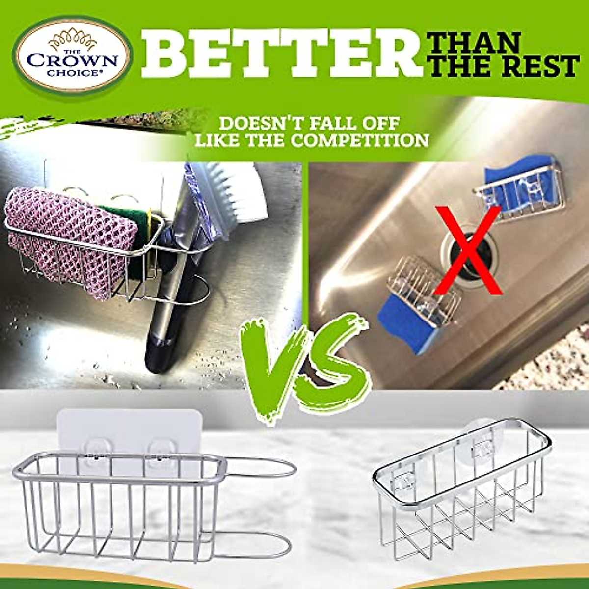 The Crown Choice Kitchen Sponge and Brush Holder – Sink Caddy - Sponge Holder Stainless Steel, Adhesive, Rust Proof and Water Proof – Kitchen Holder Sponges, Scrubbers, Soap